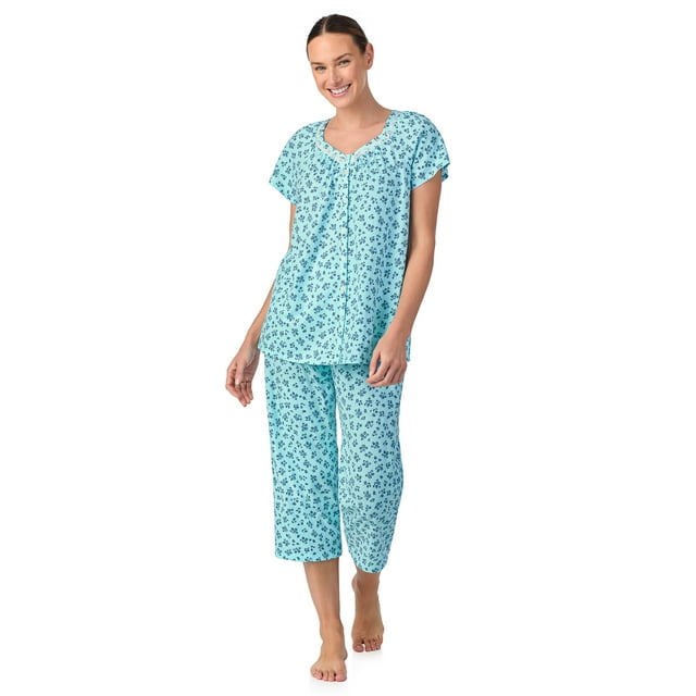 Aria Women's Short Sleeve 100% Cotton Cropped Pajama Set with Pockets ...