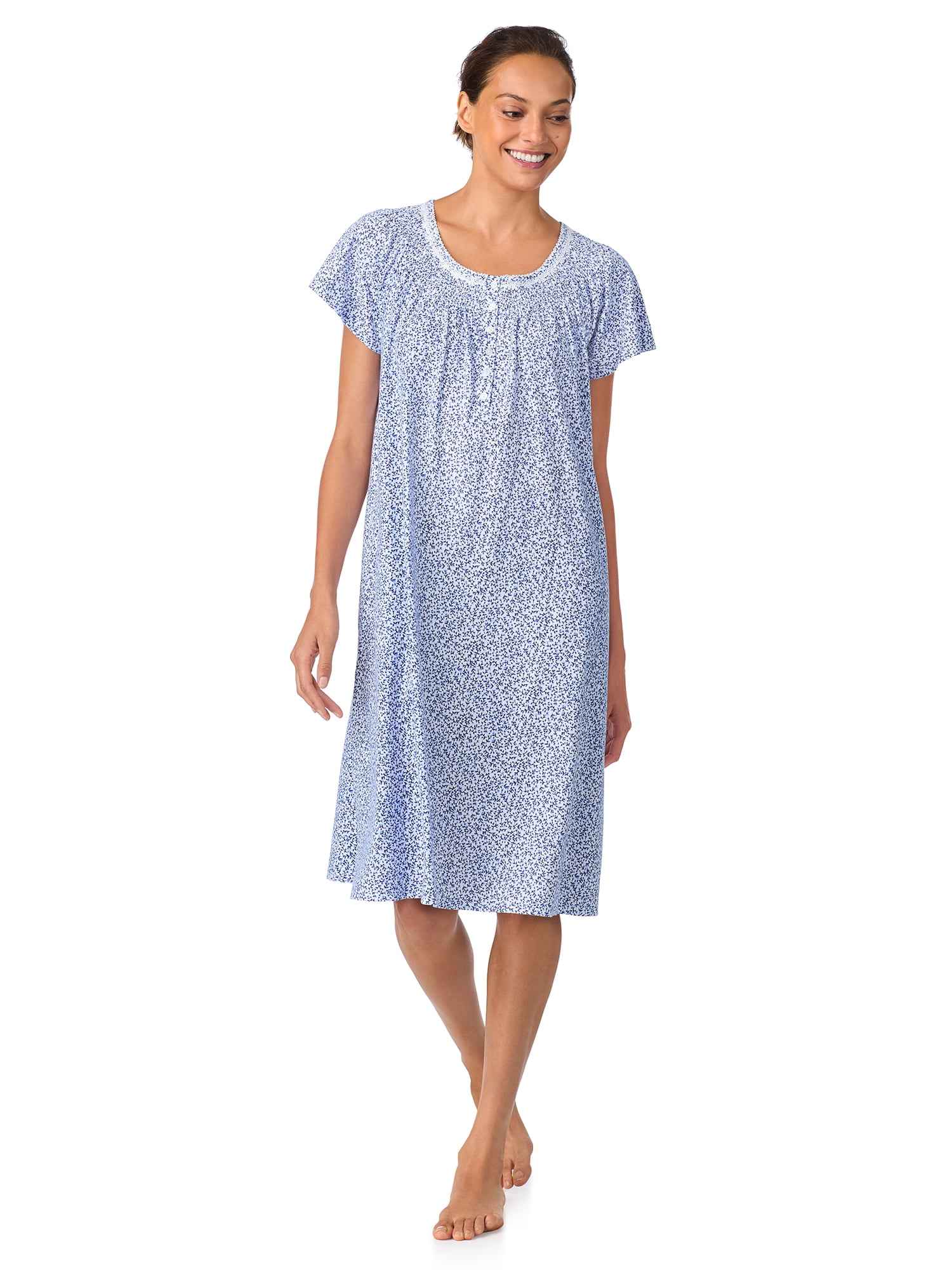 Aria Women's 100% Cotton Raglan Sleeve Smocked Neck 40" Sleepwear Gown ...