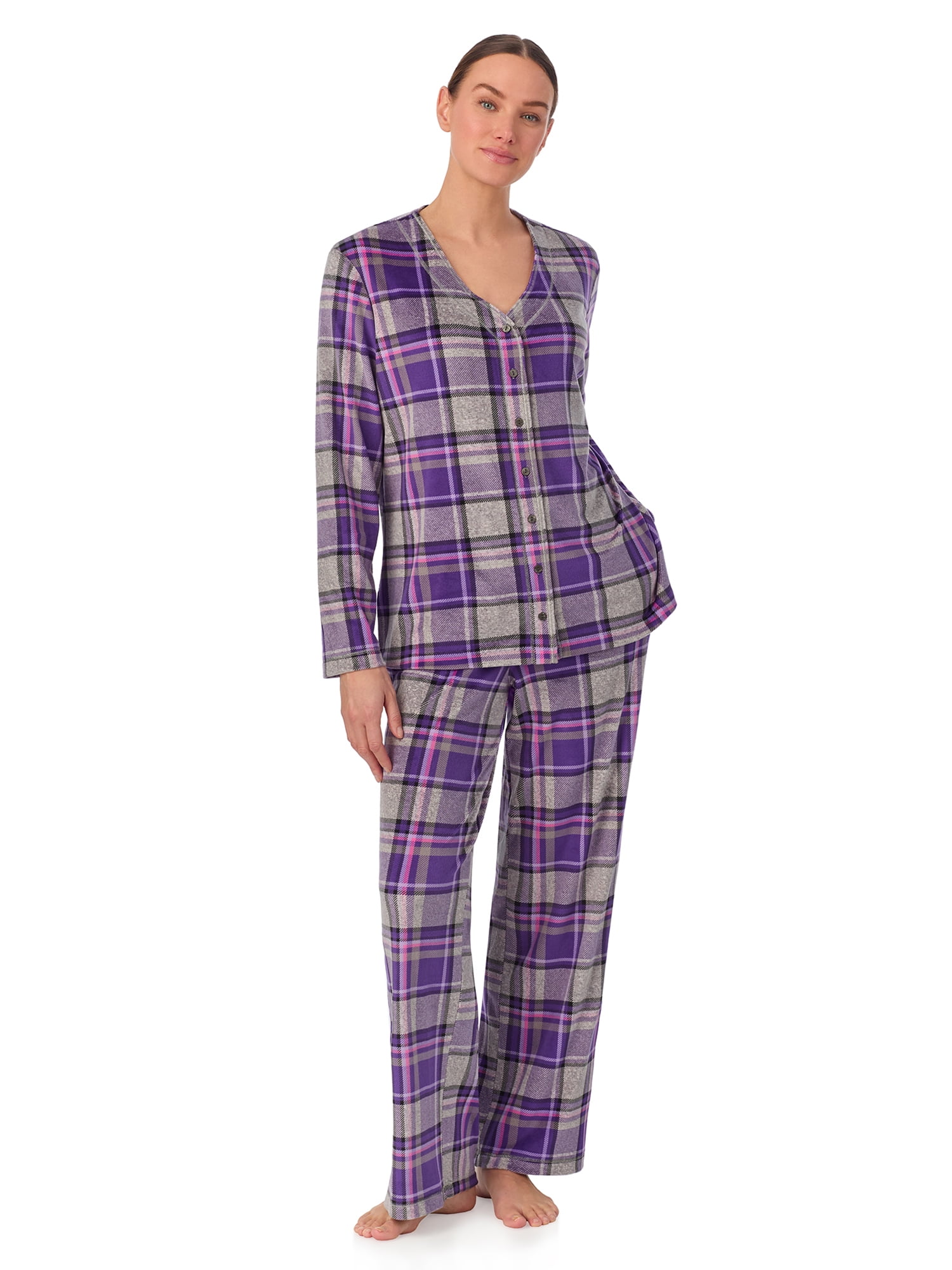 Aria Women's Stretch Velour Long Sleeve V-Neck Pajama Set, Sizes XS-5X ...