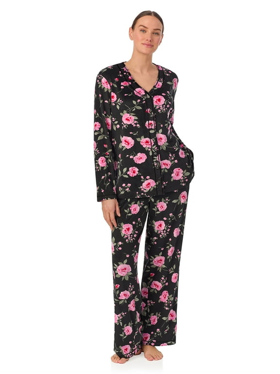 Aria Brushed Jersey Knit Long Sleeve Split Neck Pajama Set with Pockets ...