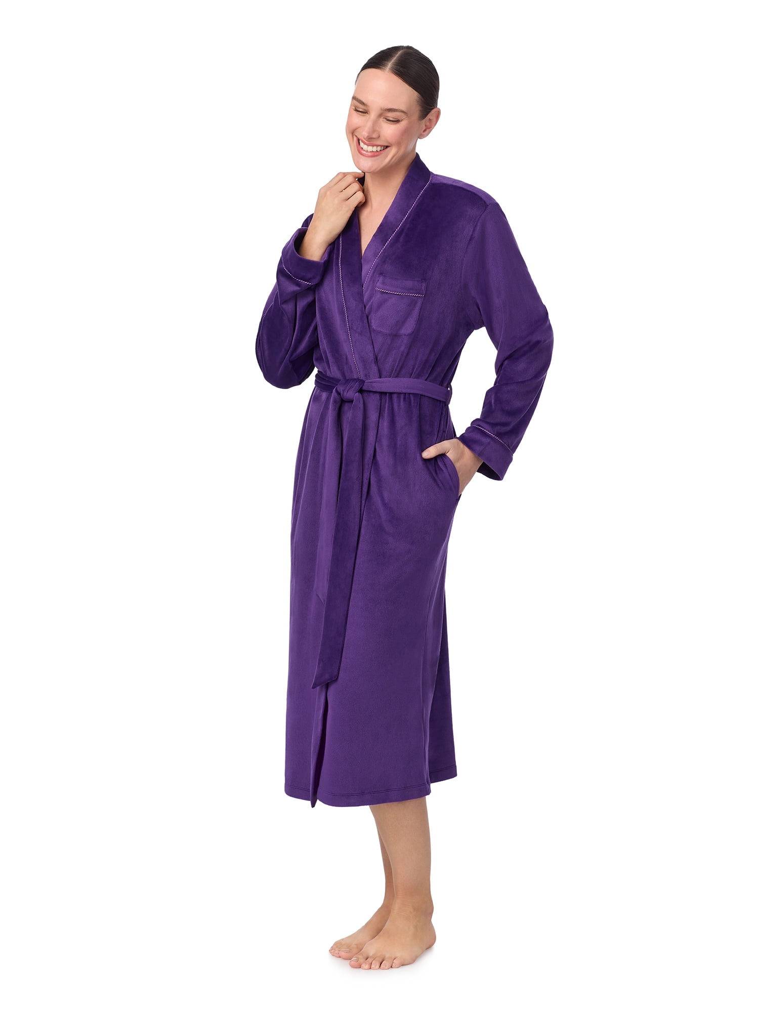 Aria Women's Stretch Velour Long Sleeve Wrap Sleepwear Robe with ...