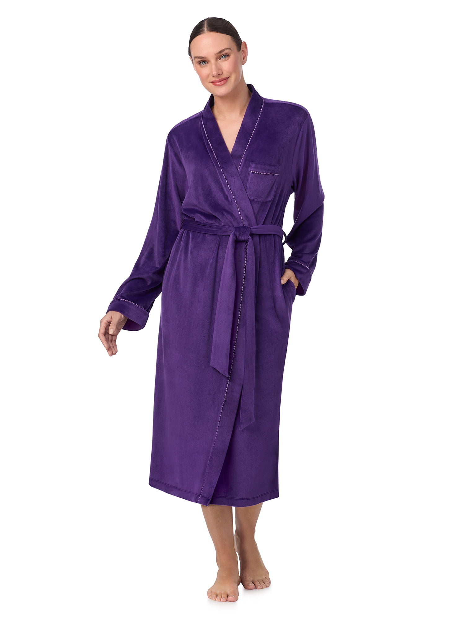 Aria Women's Stretch Velour Long Sleeve Wrap Sleepwear Robe with ...