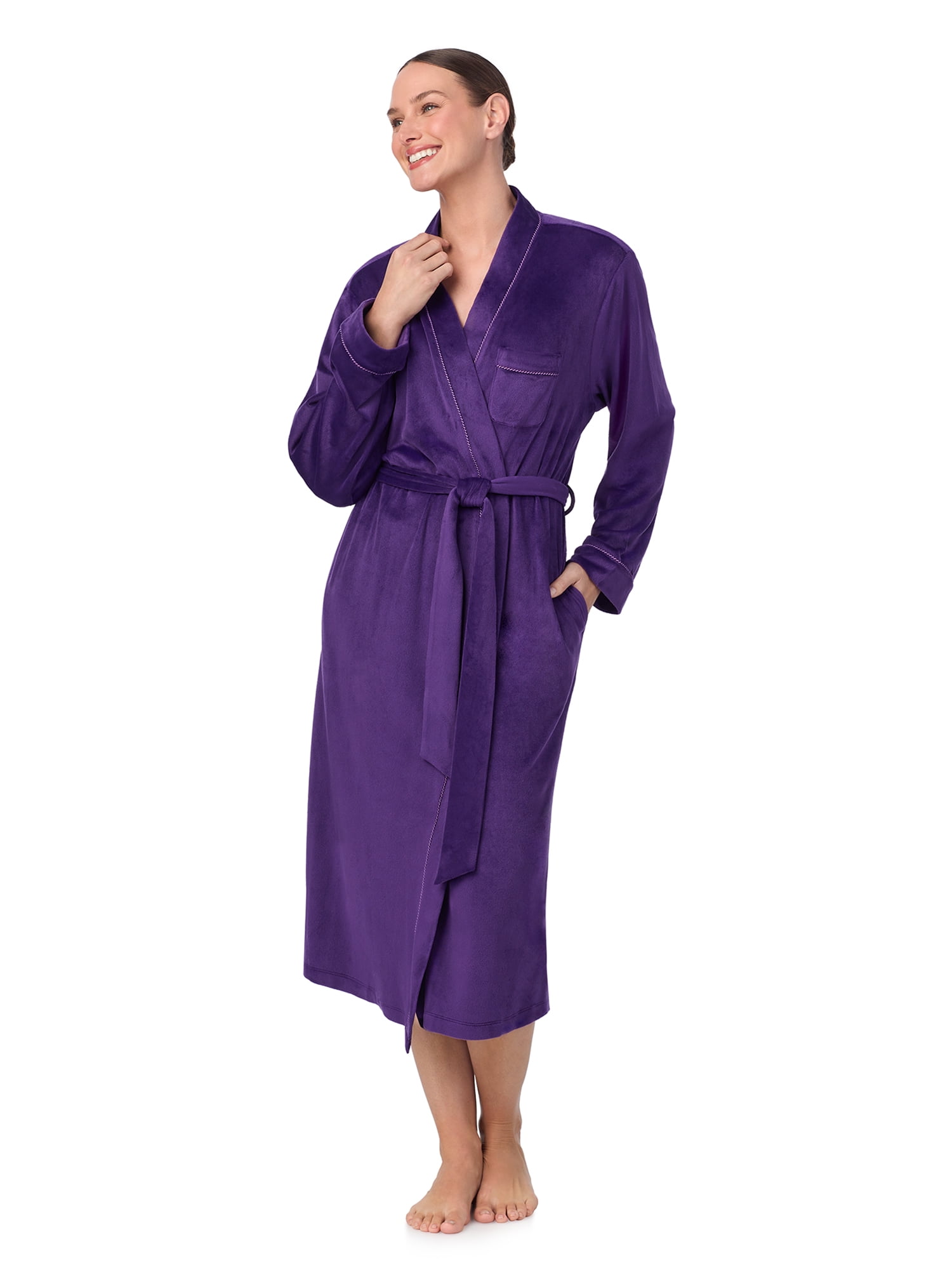 Aria Women's Stretch Velour Long Sleeve Wrap Sleepwear Robe with ...