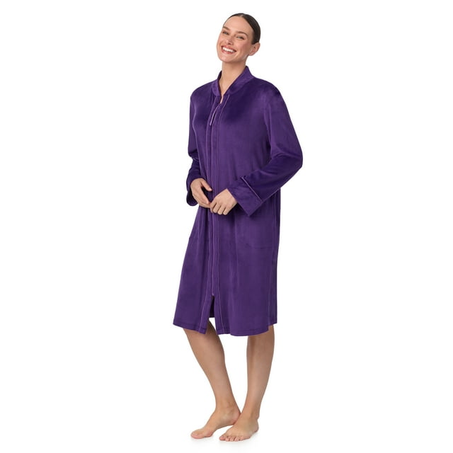 Aria Women's Stretch Velour Long Sleeve Zip Front Sleepwear Robe with ...