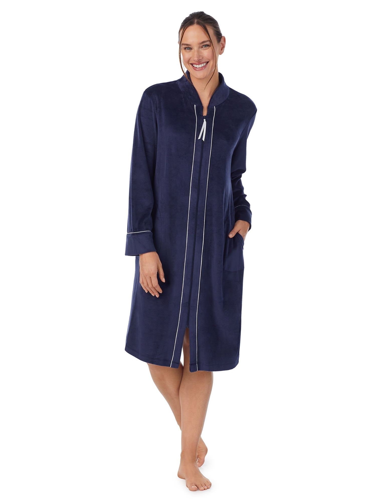 Aria Women's Stretch Velour Long Sleeve Zip Front Bathrobe with Pockets ...