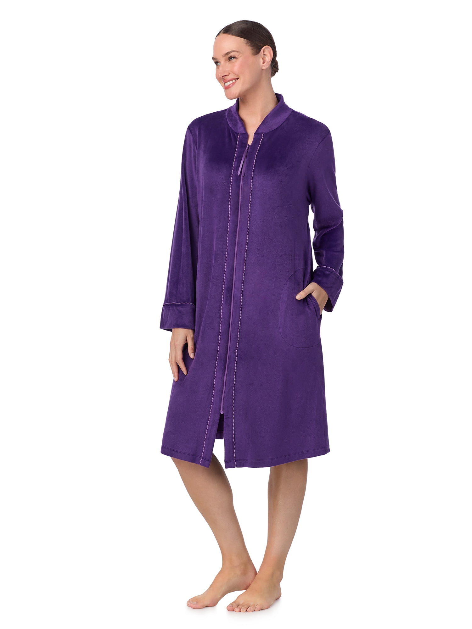 Aria Women's Stretch Velour Long Sleeve Zip Front Bathrobe with Pockets ...