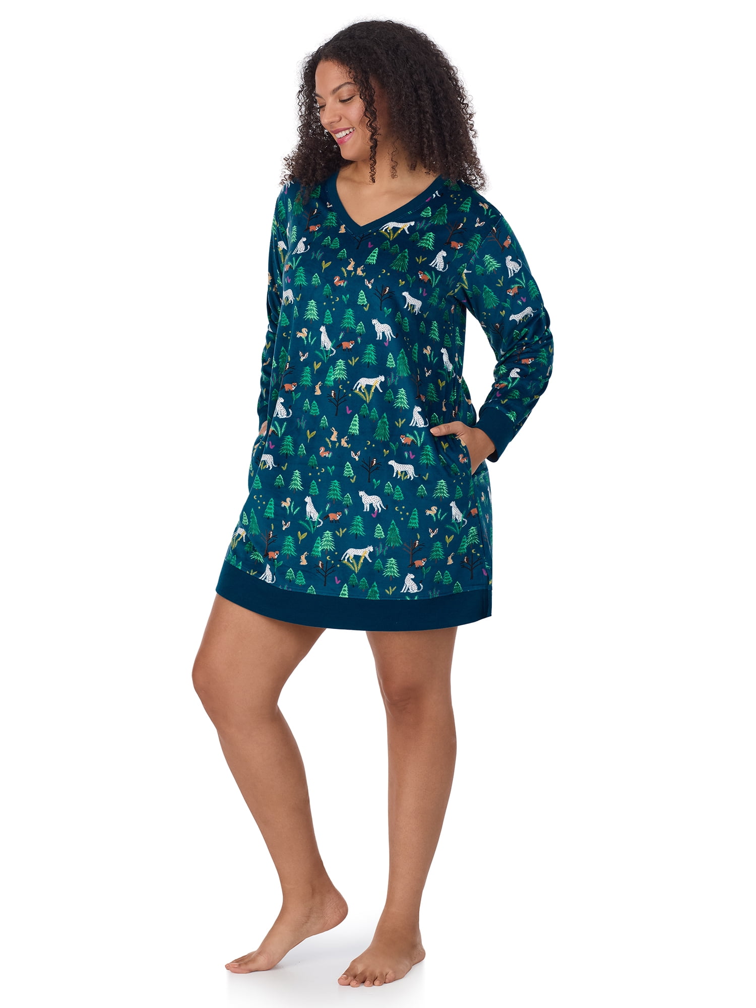 Aria Women’s Super-Soft Velour 34” Long Sleeve V-Neck Sleepshirt, Sizes ...