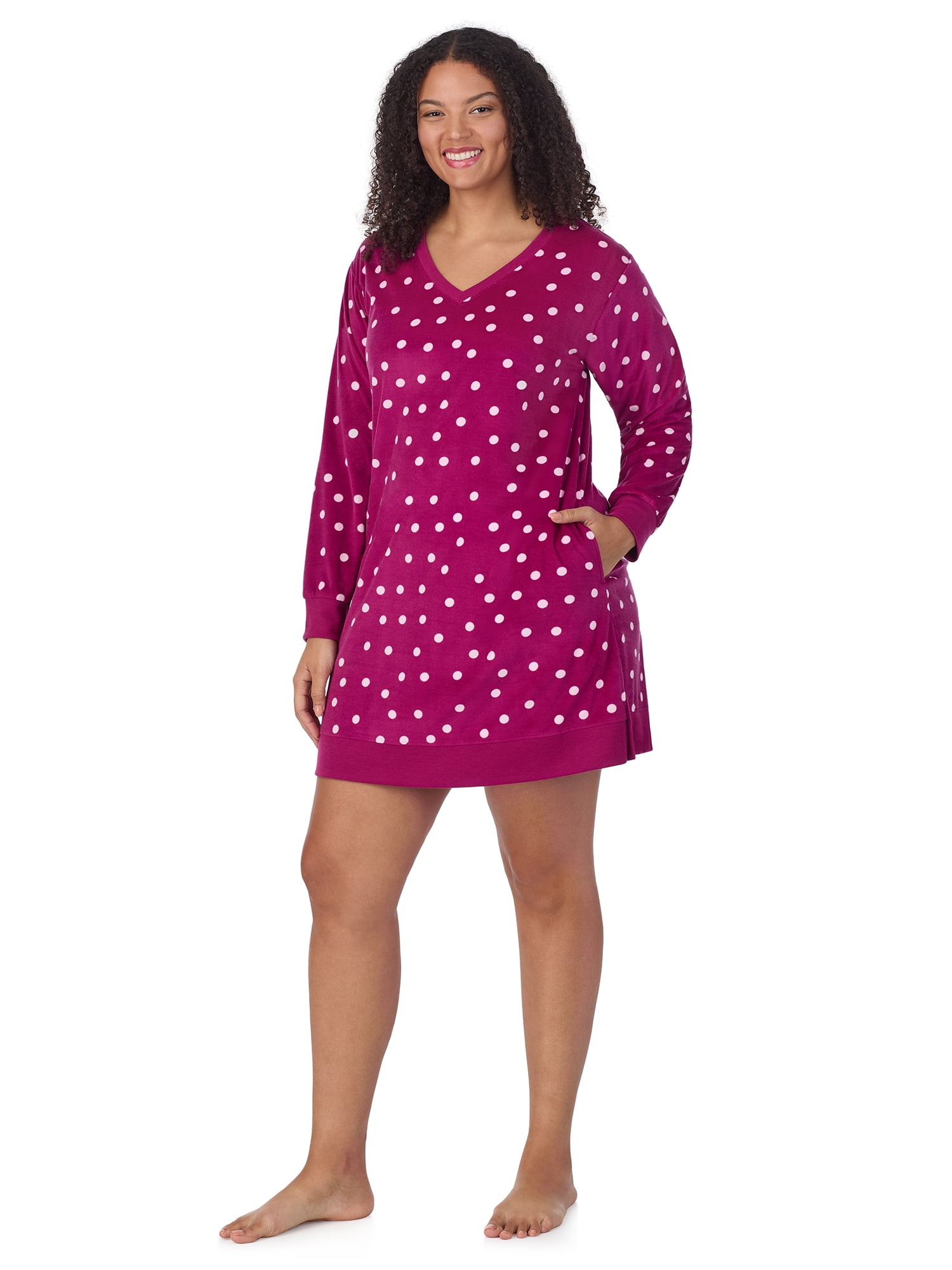 Aria Women’s Super-Soft Velour 34” Long Sleeve V-Neck Sleepshirt, Sizes ...