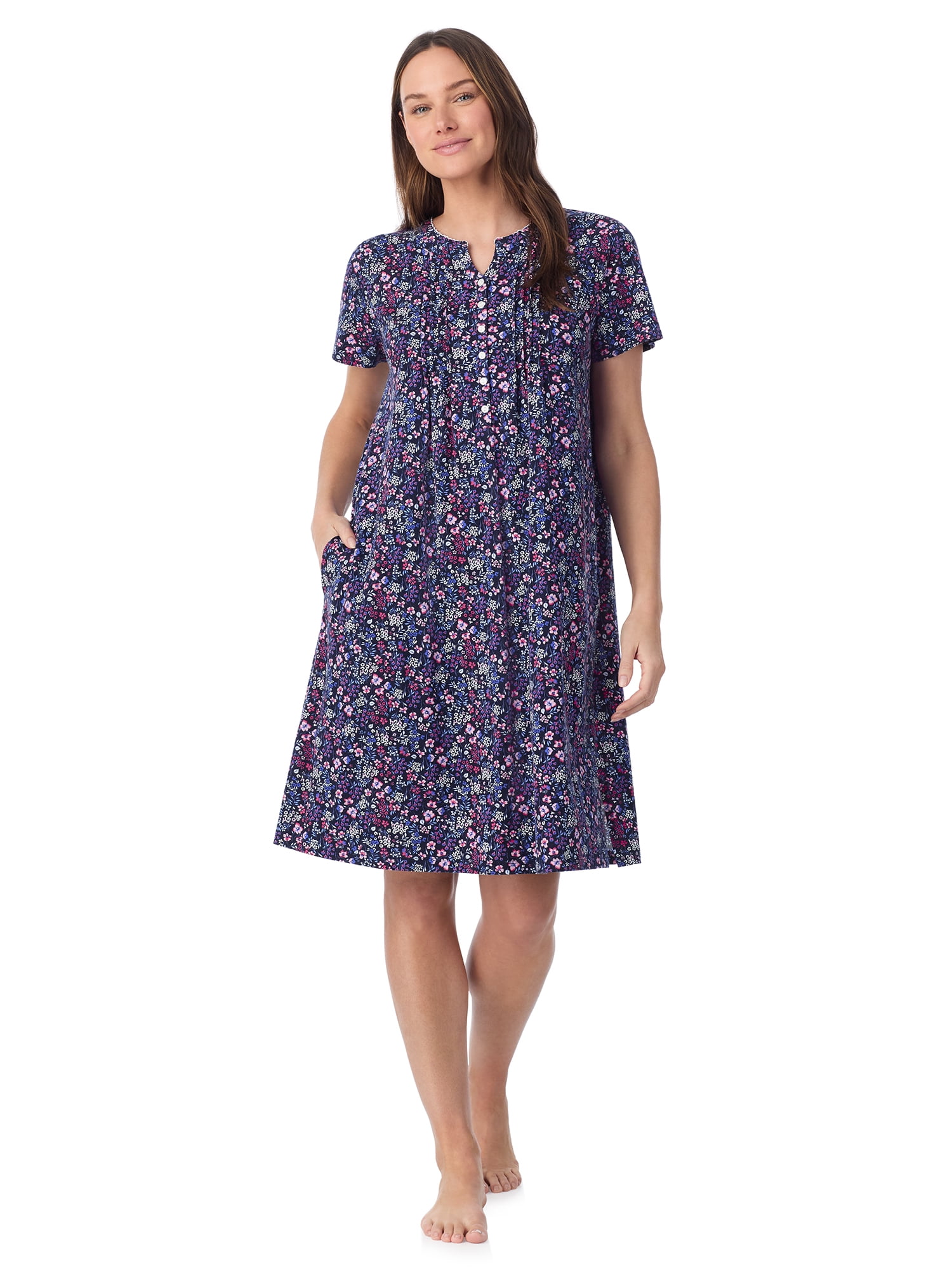 Aria Women’s Short Sleeve Split Neck Henley Cotton Nightgown 40”, Sizes ...