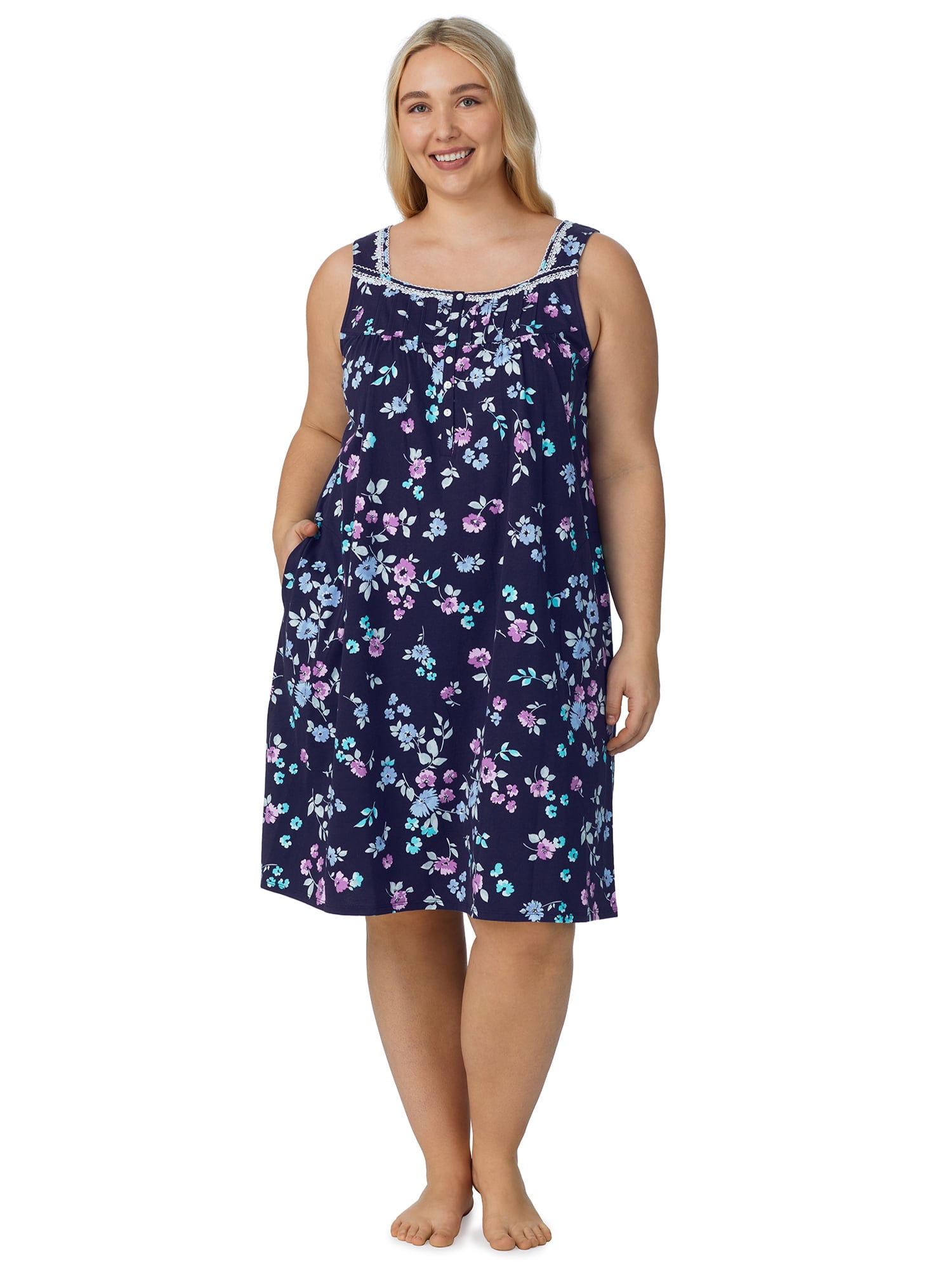 Aria Women's Plus Sleeveless Cotton Nightgown with Lace and Pockets ...