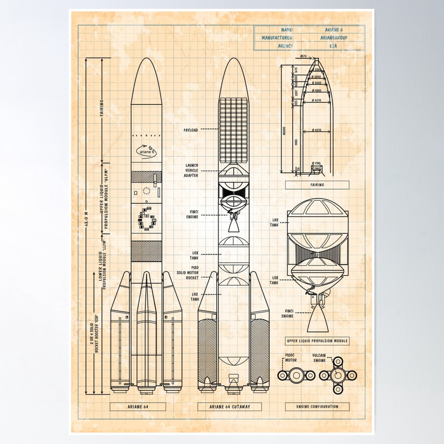 Ariane 6 (Old Blue Grid-English) Vertical Version Poster Wall Art ...