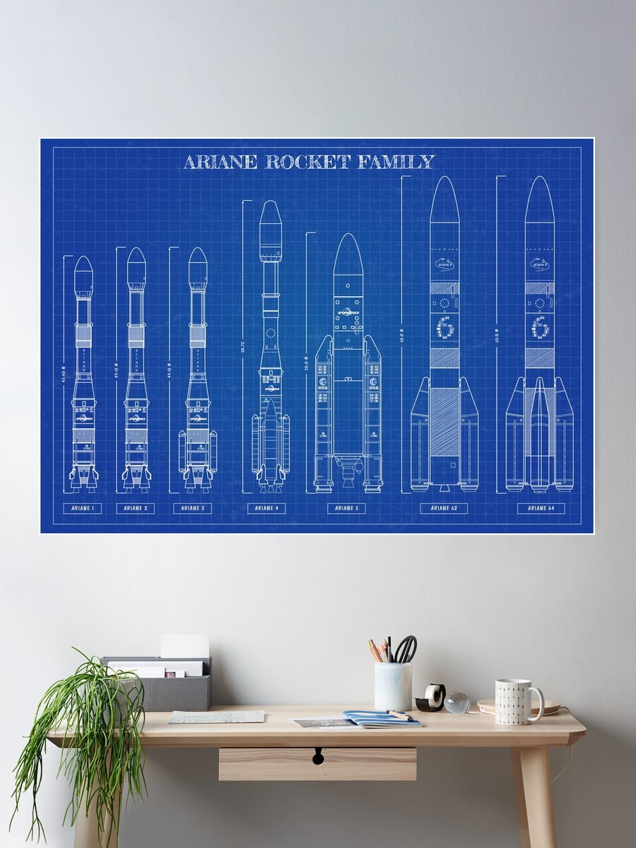 Ariane Rocket Family Blueprint Poster Wall Art, Modern Wall Decor For ...