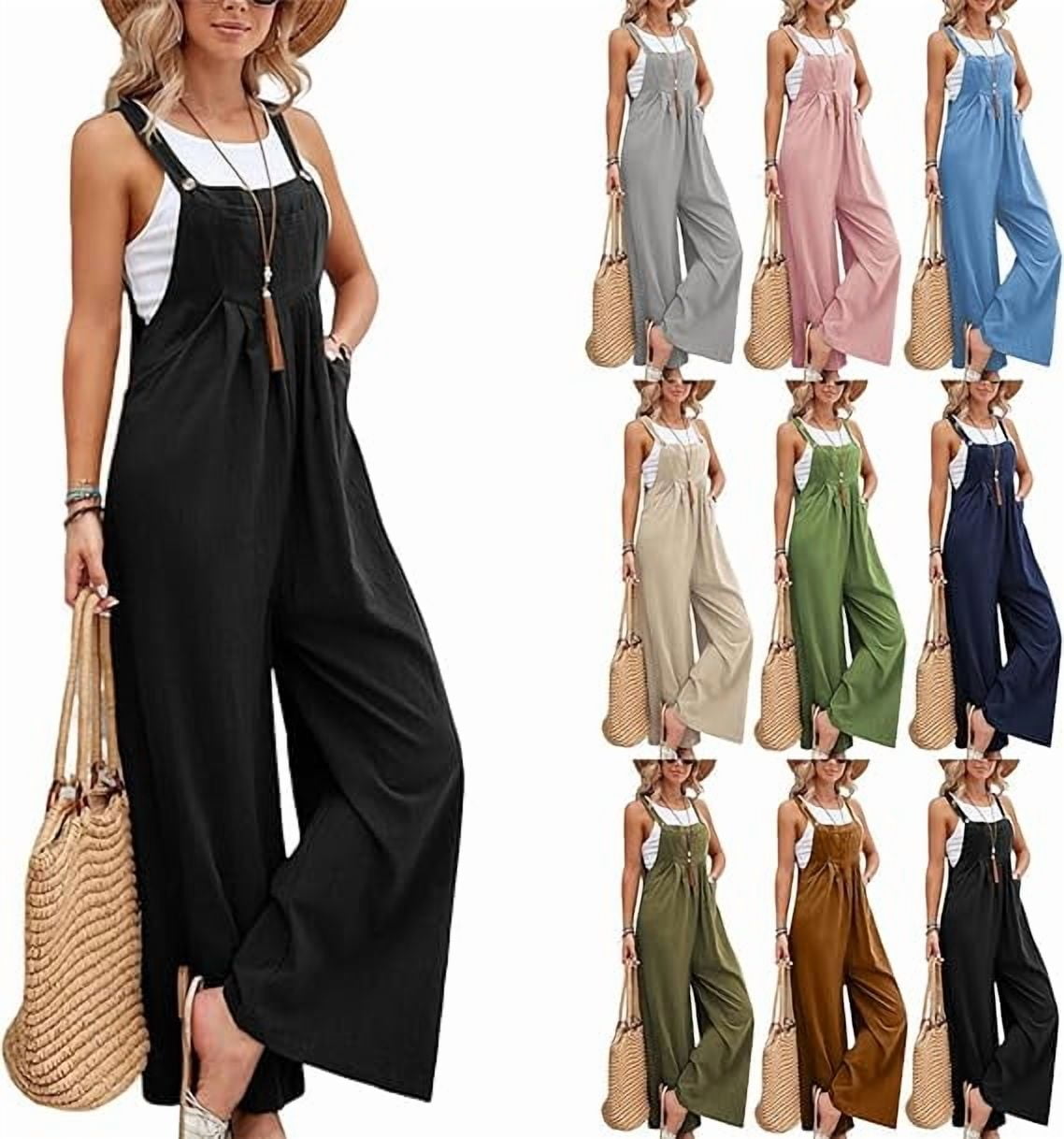 Aricy Linen Overalls for Women Loose Fit Adjustable Straps Wide Leg ...
