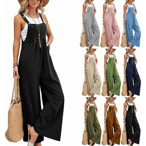 Aricy Linen Overalls for Women Loose Fit Adjustable Straps Wide Leg ...