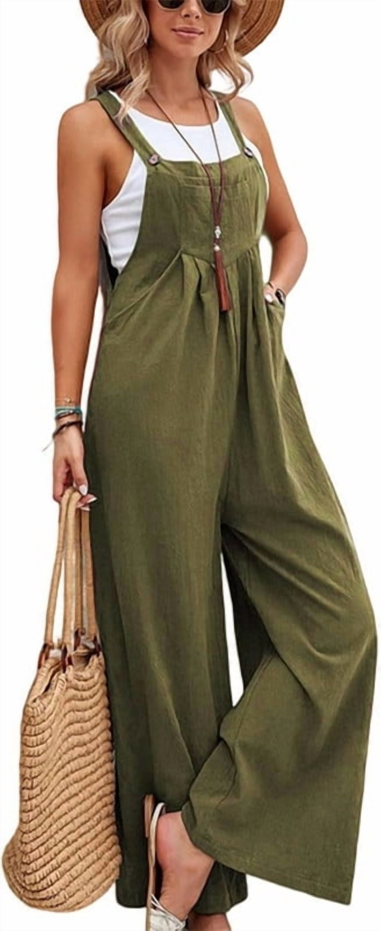 Aricy Linen Overalls for Women Loose Fit Adjustable Straps Wide Leg ...