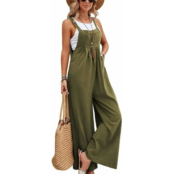 Aricy Linen Overalls for Women Loose Fit Adjustable Straps Wide Leg ...