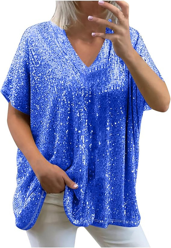 Aricy Sparkly Sequin Tops for Women Loose Sexy Deep V Neck Short Sleeve ...