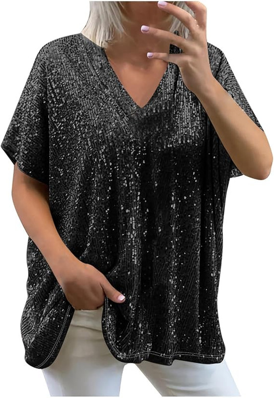 Aricy Sparkly Sequin Tops for Women Loose Sexy Deep V Neck Short Sleeve ...