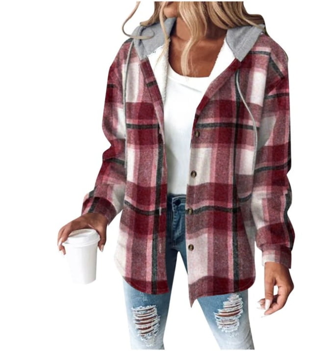 Aricy Women's Casual Plaid Hooded Jackets Shacket Flannel Drawstring ...