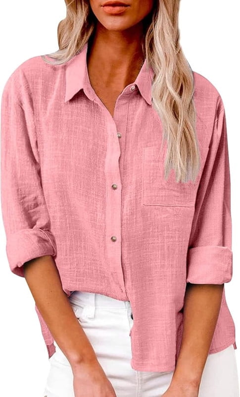 Aricy Womens Button Down Cotton Linen Shirts Dressy Solid Casual Summer ...