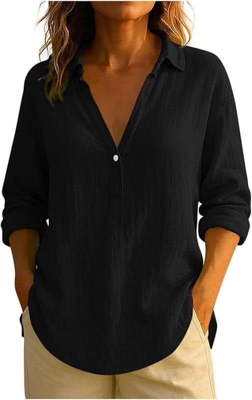 Aricy Womens Fashion Cotton Linen Shirts Dressy Casual Long Sleeve ...