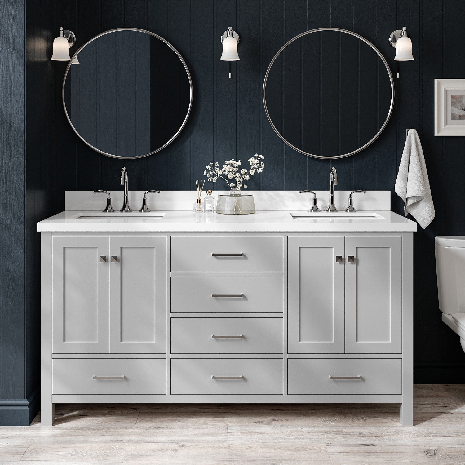 ARIEL 67" Grey Double Bathroom Vanity with 1.5" Edge Pure White Quartz ...