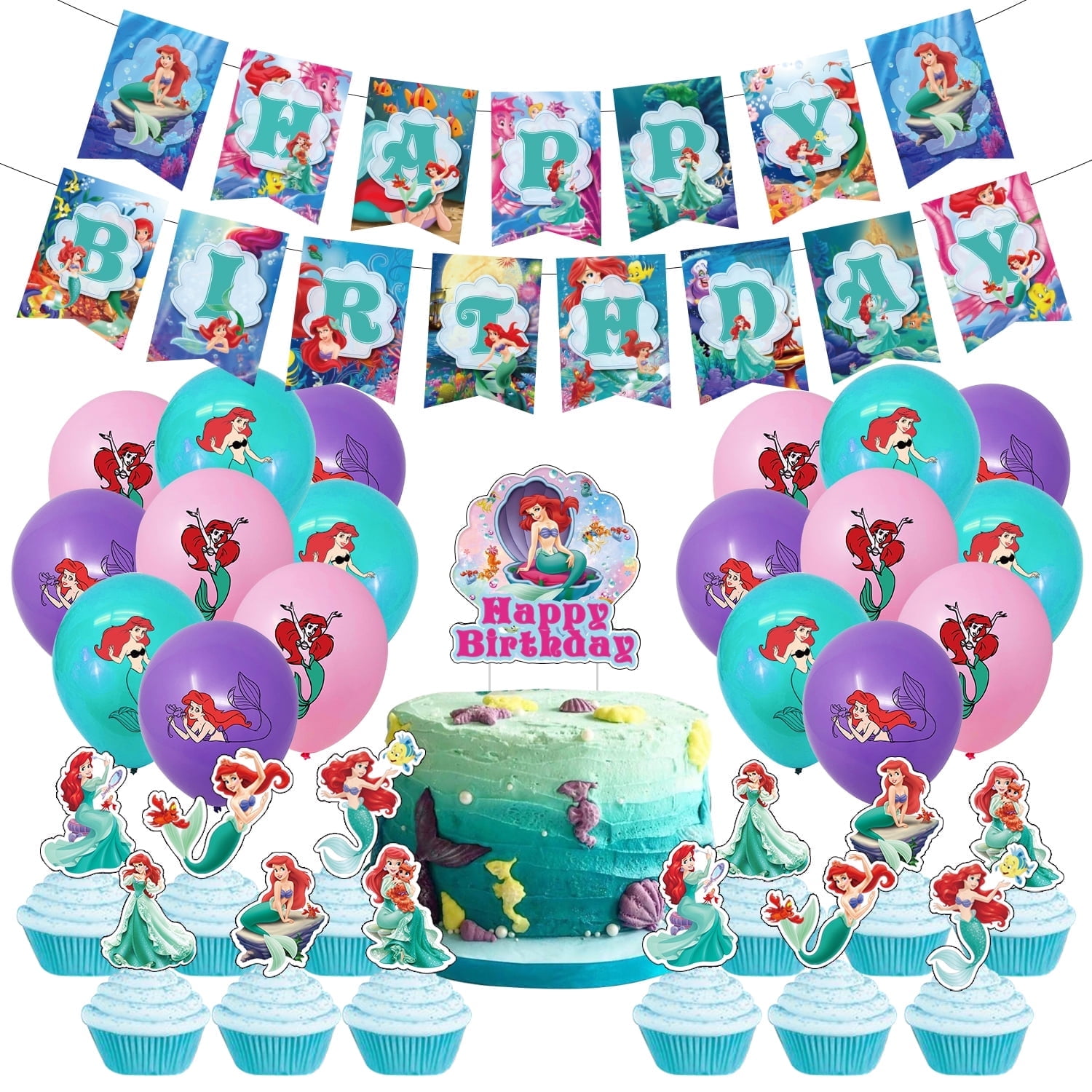 mermaid Birthday Princess Party Supplies, Balloons, Cupcake Toppers ...