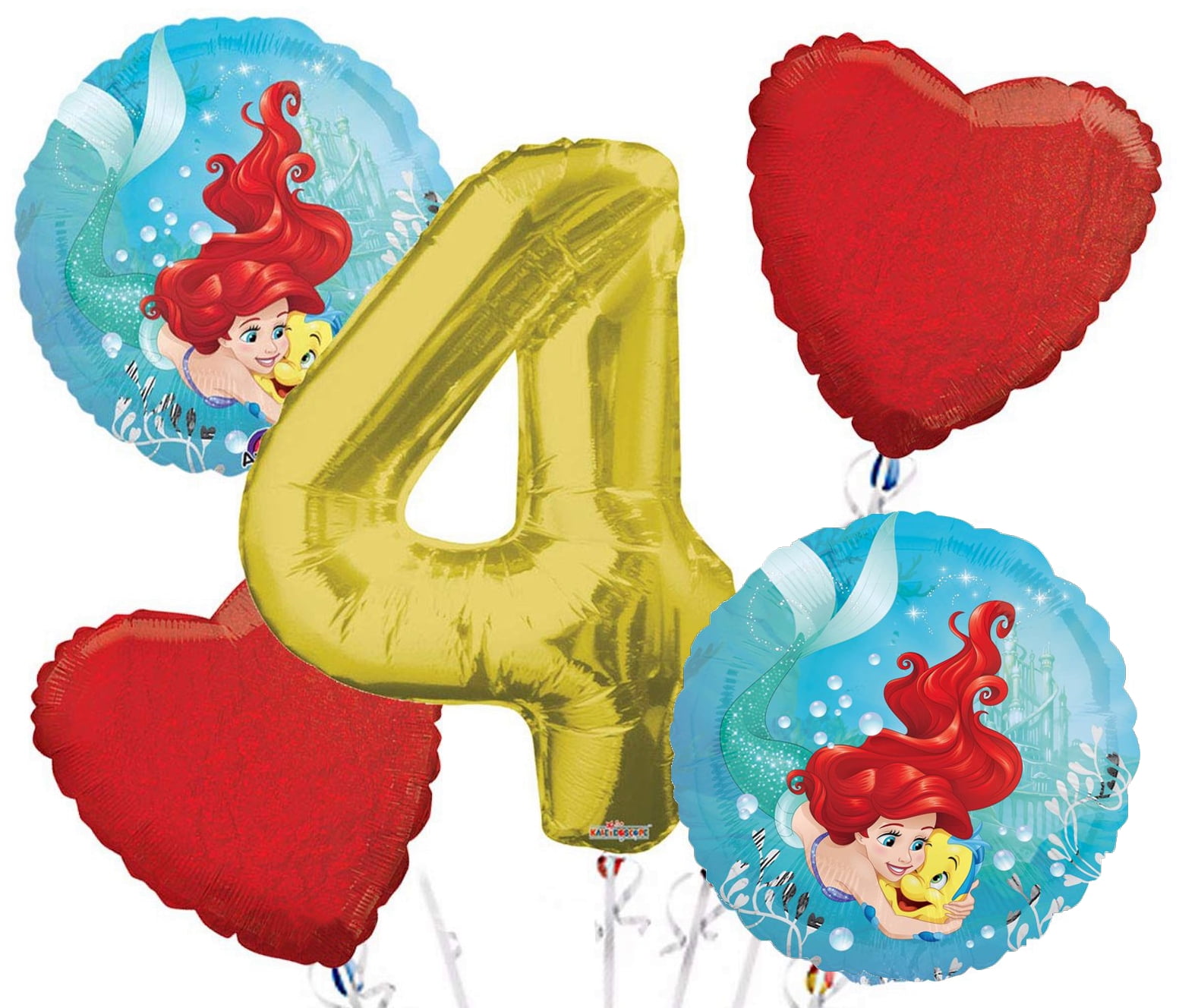 Ariel (Little Mermaid) Balloon Bouquet 5 pc, 4th Birthday, Gold Number ...