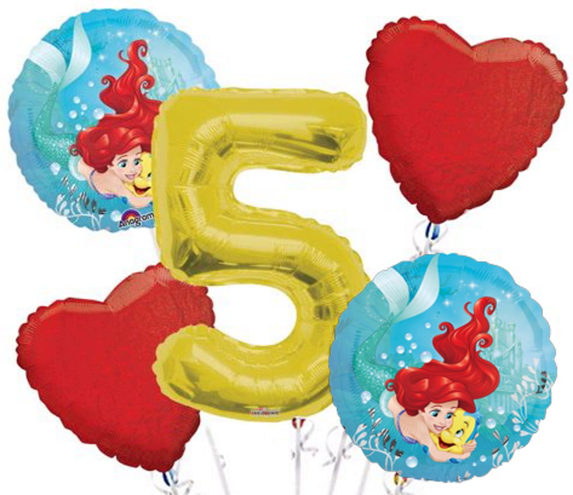 Ariel (Little Mermaid) Balloon Bouquet 5 pc, 5th Birthday, Gold Number ...