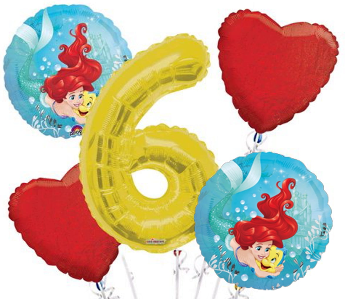 Ariel (Little Mermaid) Balloon Bouquet 5 pc, 6th Birthday, Gold Number ...