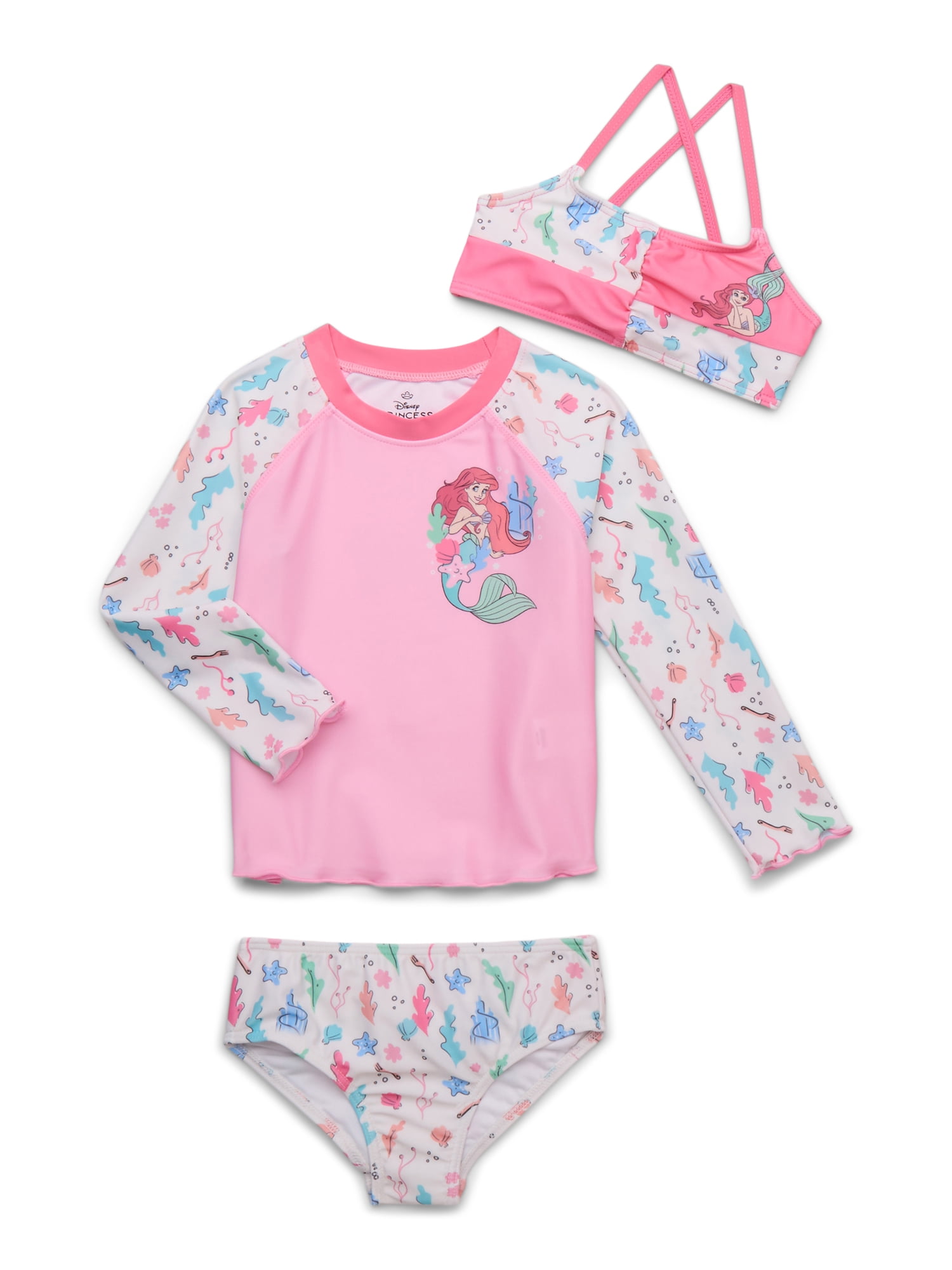 Little Mermaid Toddler Girls Rash Guard and Bikini Swimsuit Set with ...