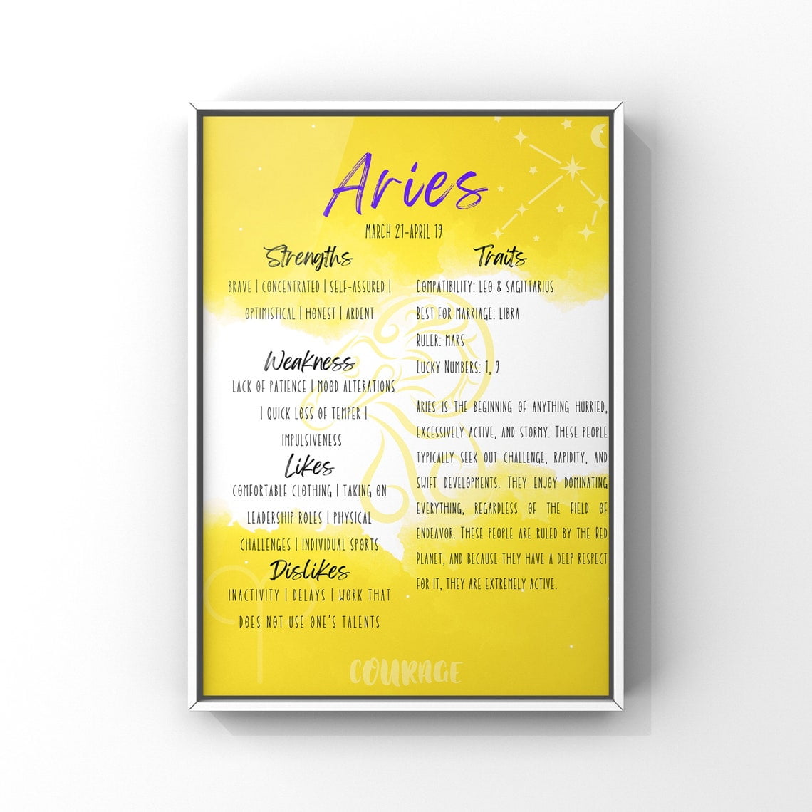 Aries Poster, Zodiac Art, Astrology Star Sign Poster, Horoscope Print ...