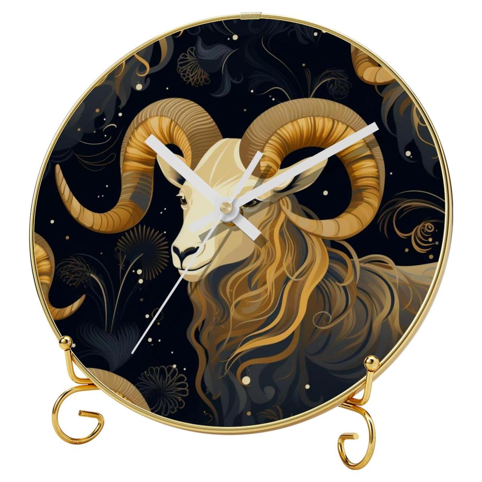 Aries Round Printed Wall Clocks with Hooks and Gold Stand - Silent and ...