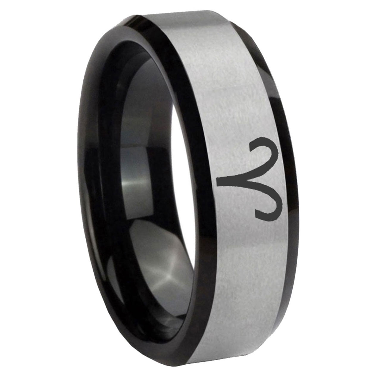 Aries Zodiac 8MM Beveled Edge Gray And Black Tungsten Men Ring ...