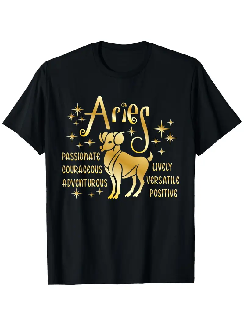 Aries Zodiac Golden Graphic Tee - 100% Cotton T-Shirt, Breathable ...