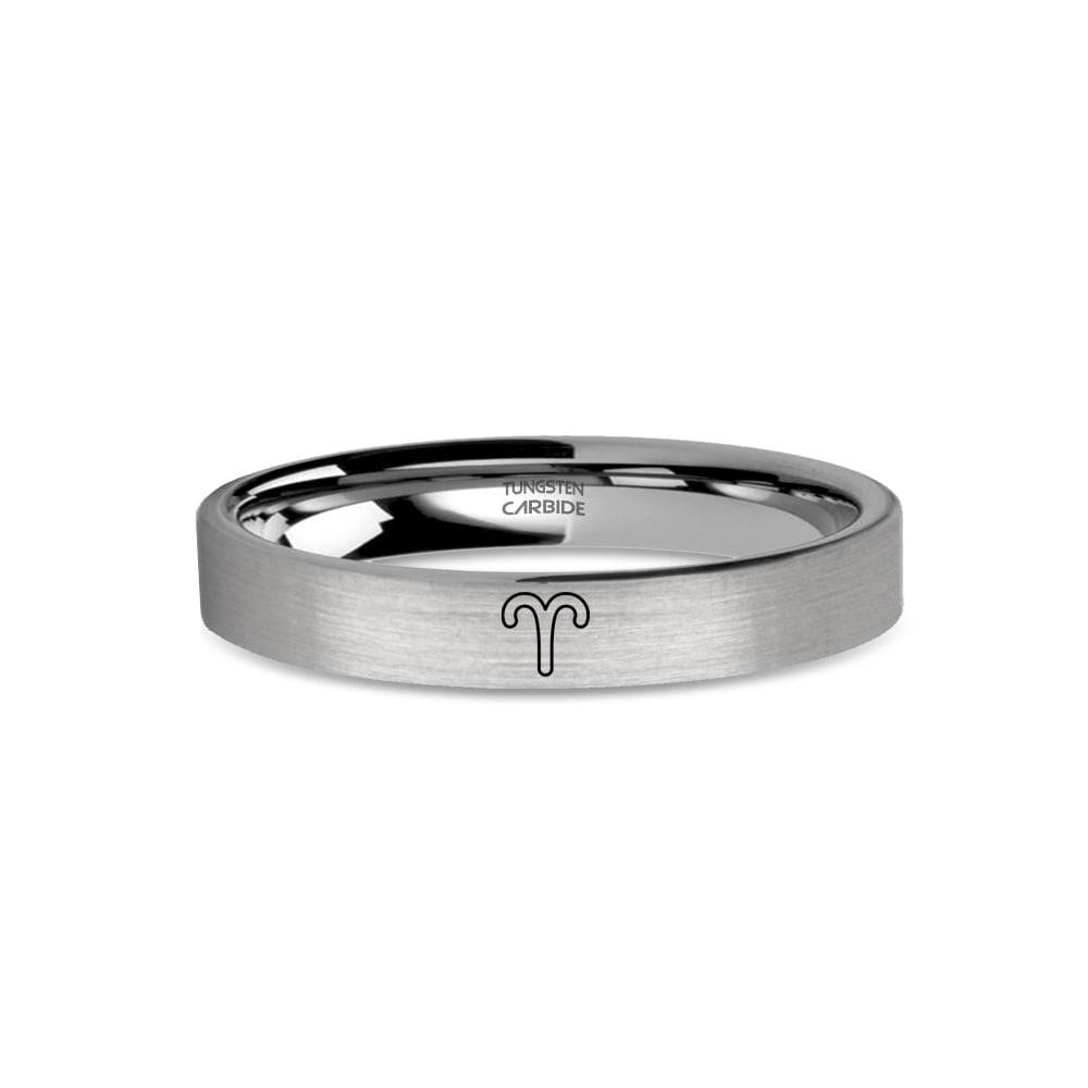 Aries Zodiac Mars Symbol Engraved Silver Tungsten Ring, Brushed, 4mm ...