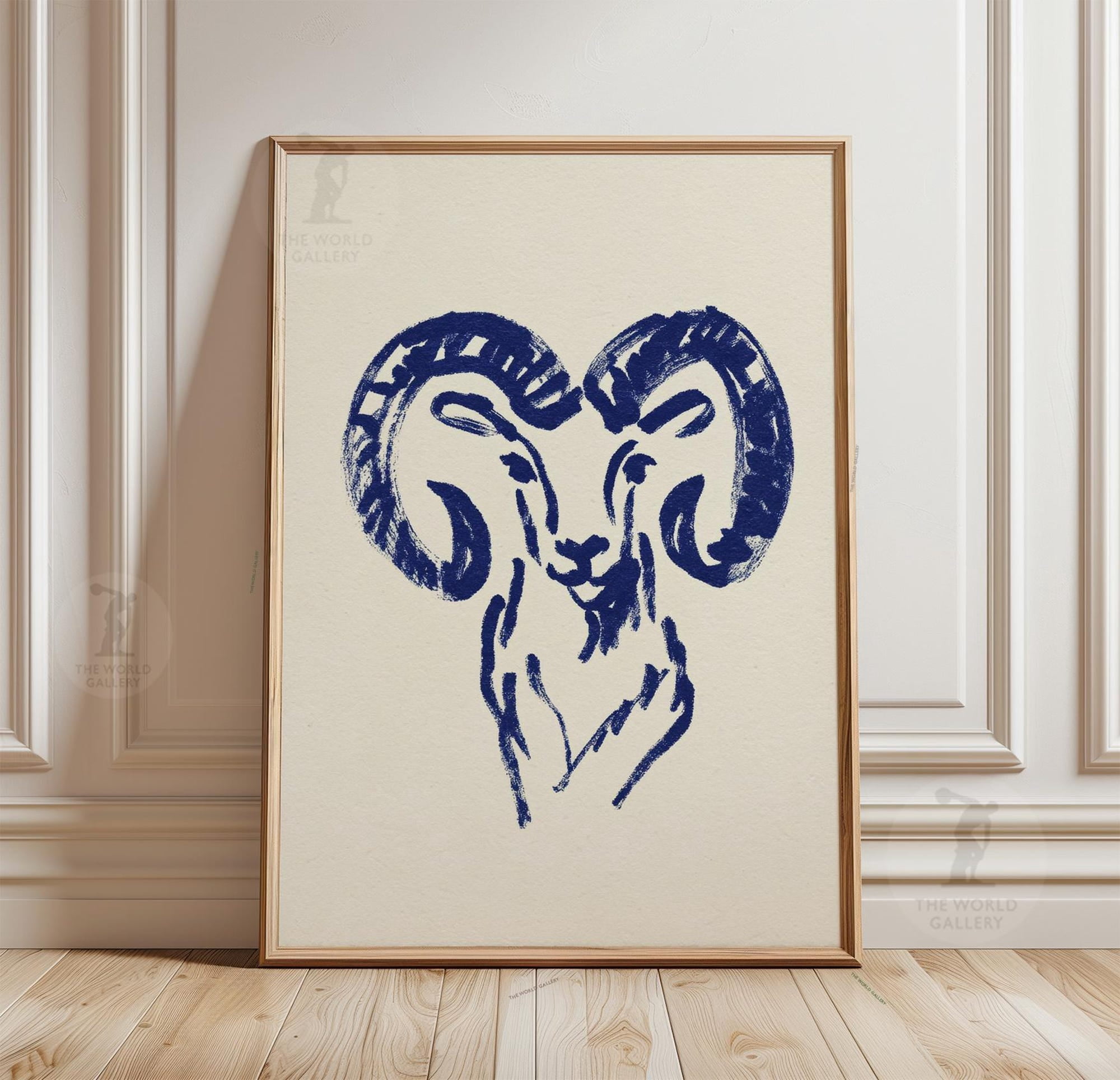 Aries Zodiac Poster Ram Illustration Wall Art Minimal Blue Line Drawing ...