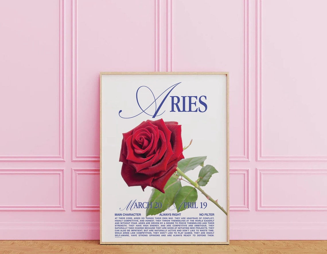 Aries Zodiac Poster Trendy Astrology Cute Retro Flower Wall Art Star ...