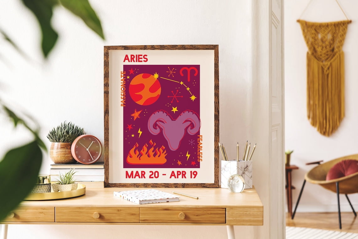 Aries Zodiac Poster Trendy Astrology Purple Retro Wall Art Star Sign ...