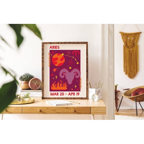 Aries Zodiac Poster Trendy Astrology Purple Retro Wall Art Star Sign ...