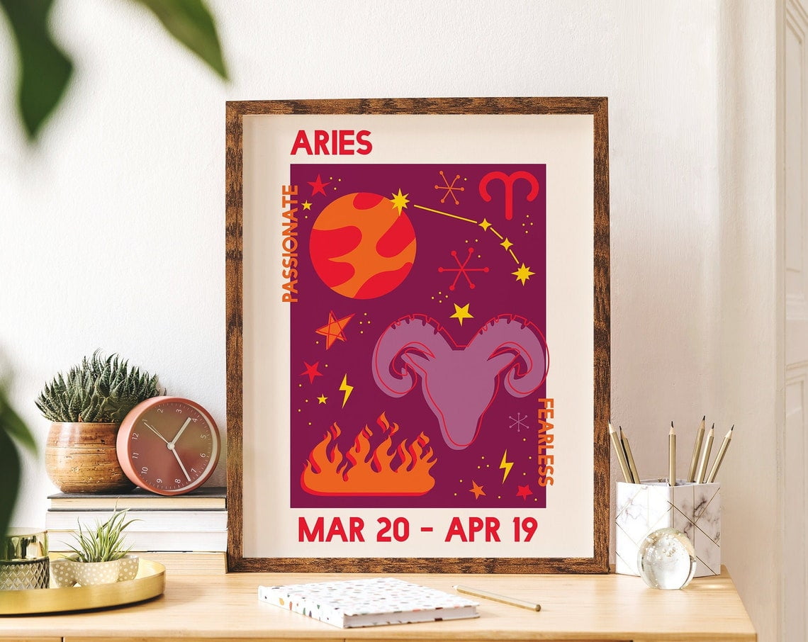 Aries Zodiac Print, Art, Trendy Astrology Poster, Purple Retro Wall Art ...