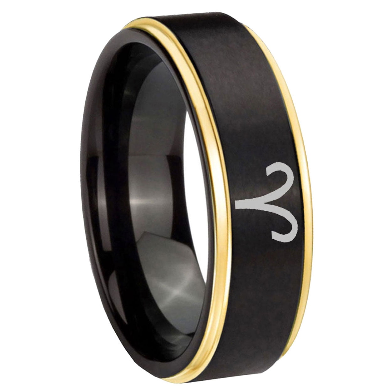 Aries Zodiac Step Edge Black And Gold Tungsten Promised Ring 10MM ...