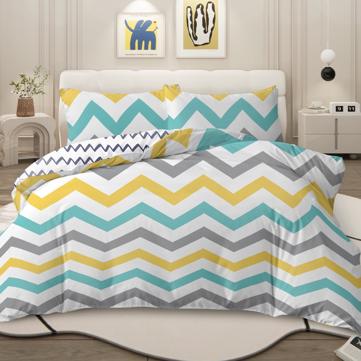 Sleepwish 3 Pieces Duvet Cover Set Twin for Kids Soft Teal Yellow Grey ...