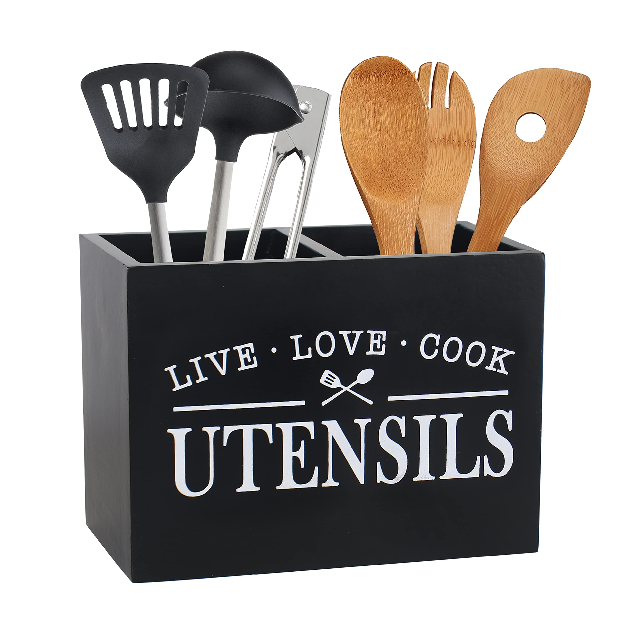 Arikago Wooden Kitchen Utensil Holder, 2 Compartments, Farmhouse Decor ...