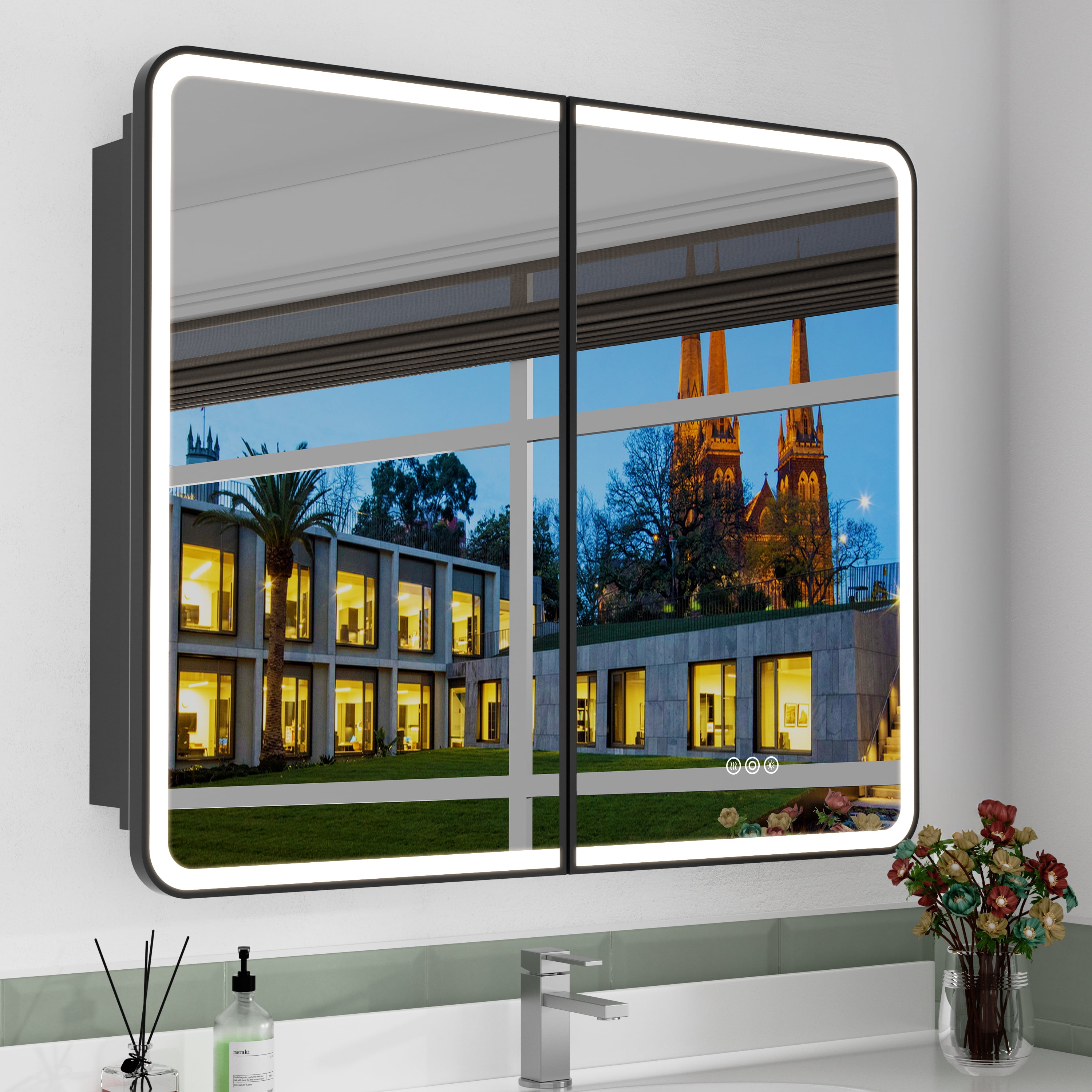 Aris Medicine Cabinet with Mirrors and Lights, 32'' x 30'' Recessed ...