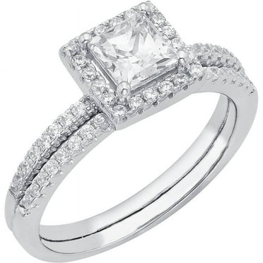 1/2 Carat T.G.W. White Round-Cut CZ and Swarovski Crystal Sterling Silver Halo Bridal Set ...
