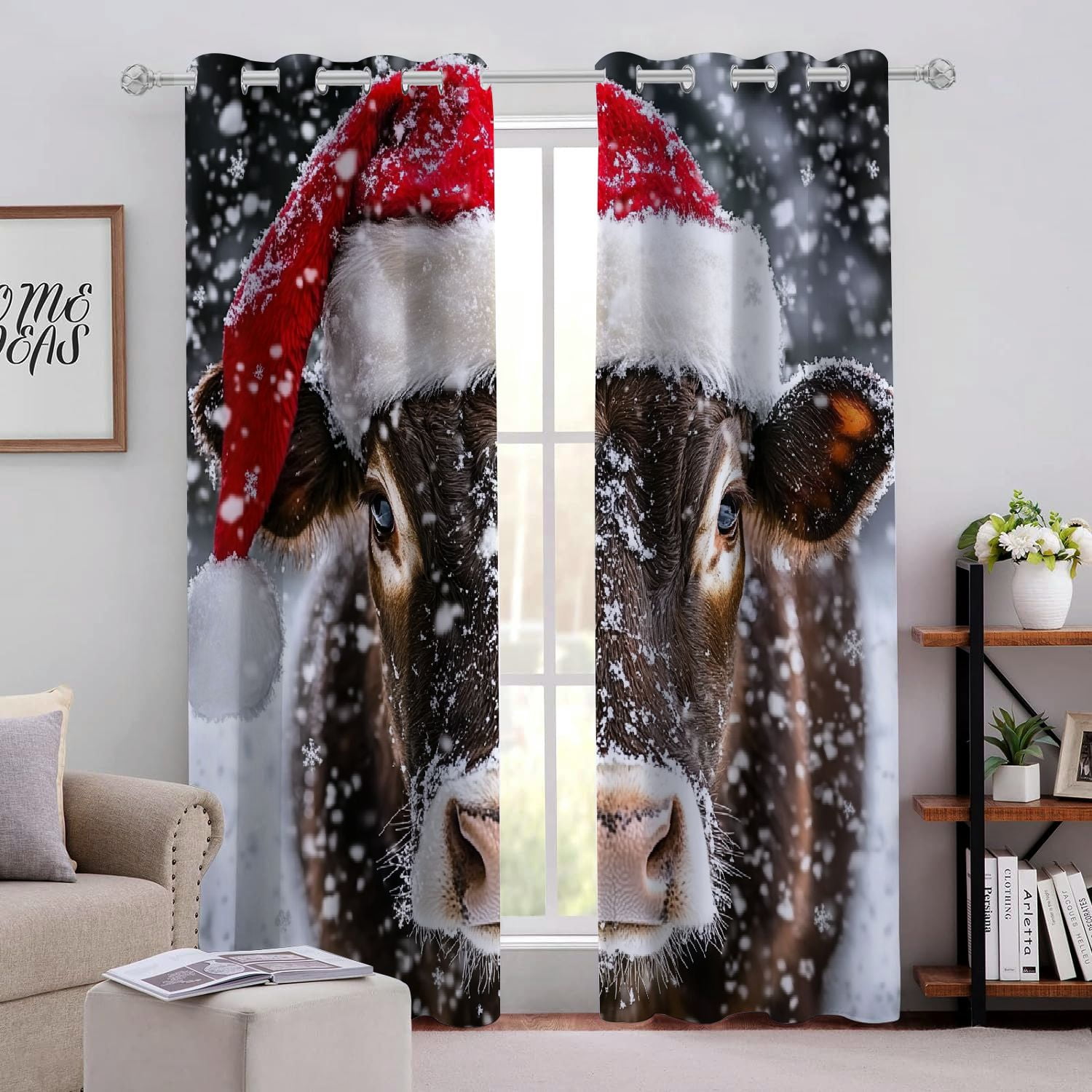 Aristuring Cow in Santa Hat Perforated Blackout Curtains 2-Pack Light ...