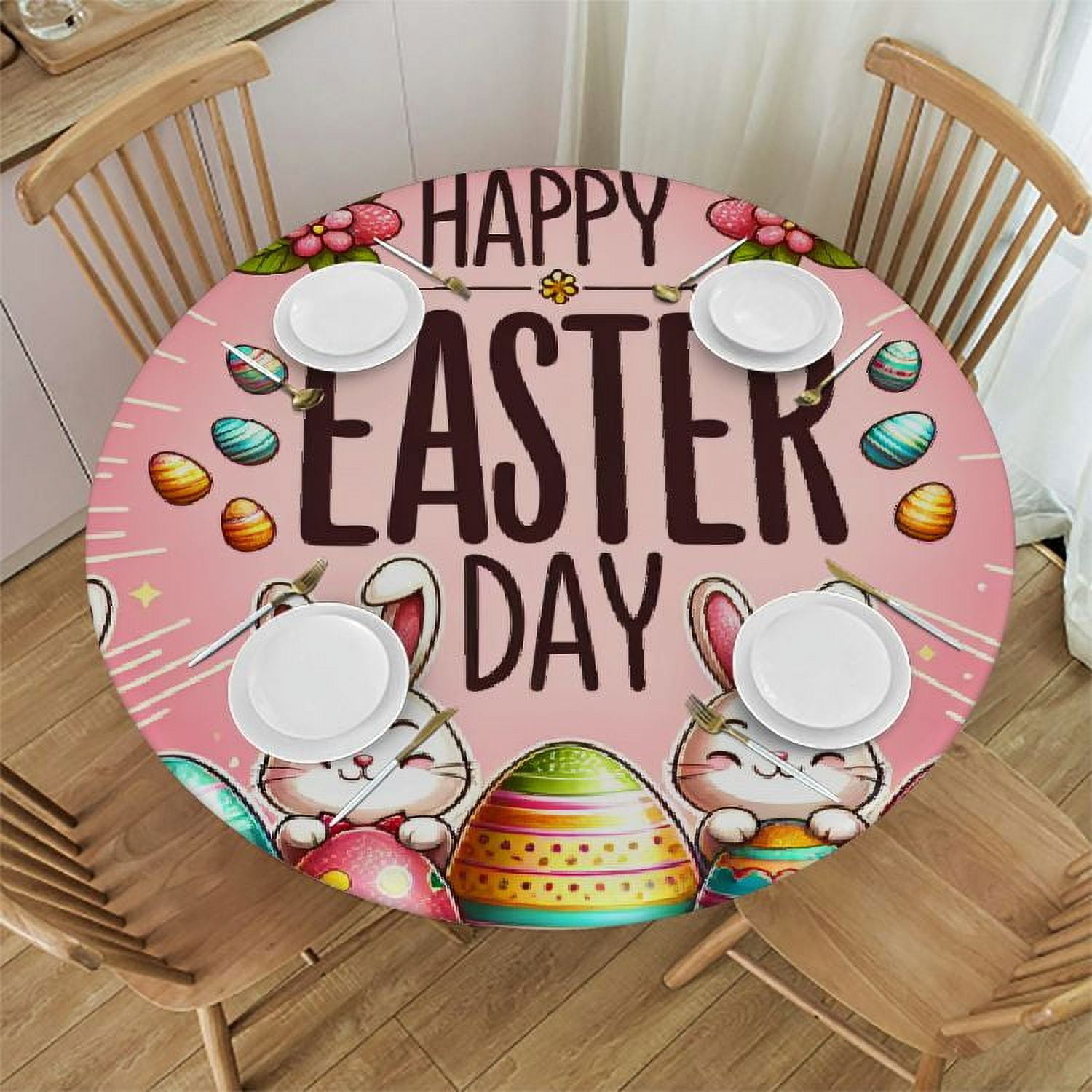 Aristuring Easter Eggs Bunnies Bows Round Tablecloth 100% Polyester ...