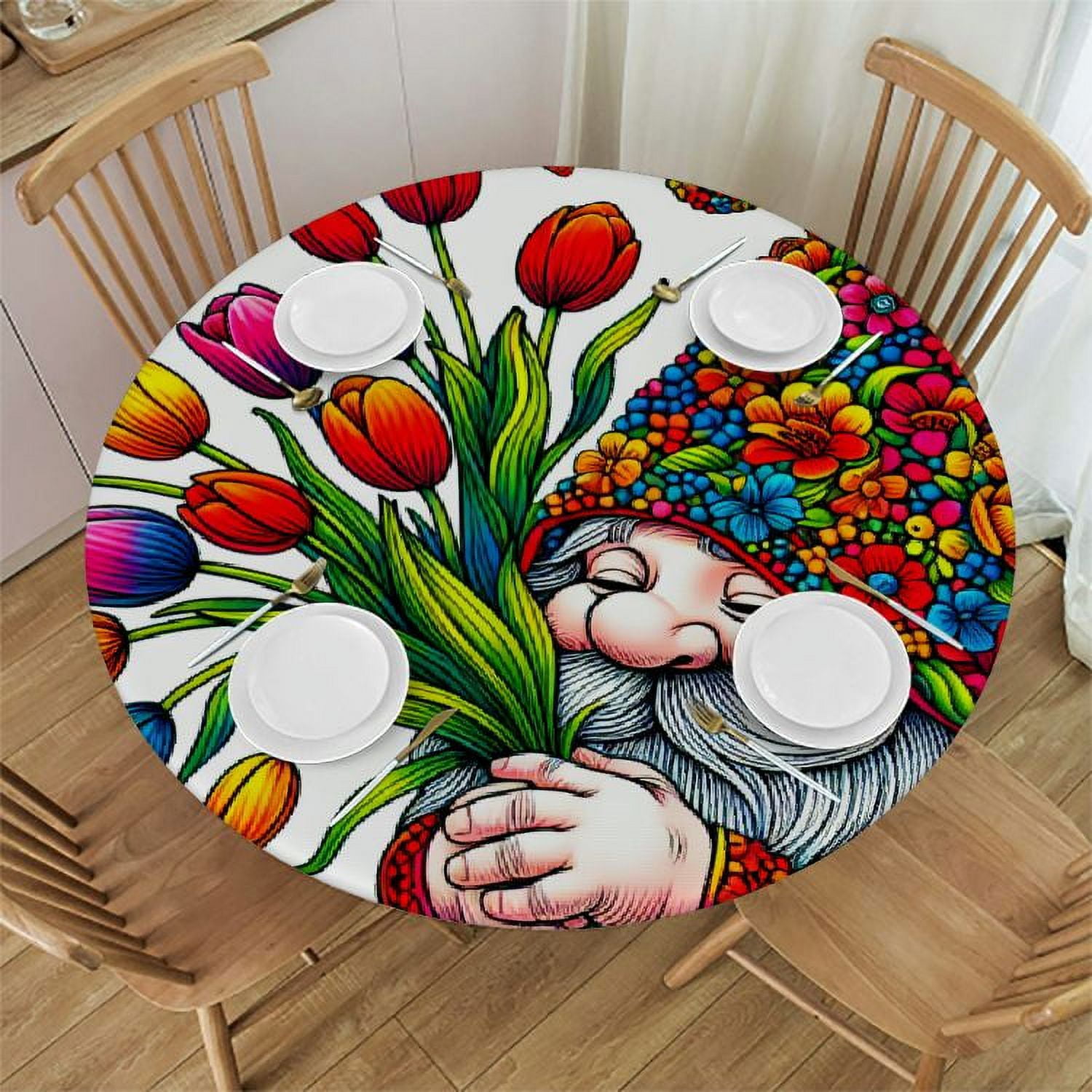 Aristuring Gnome, Tulips, Butterflies Round Table Cloth with Elastic ...