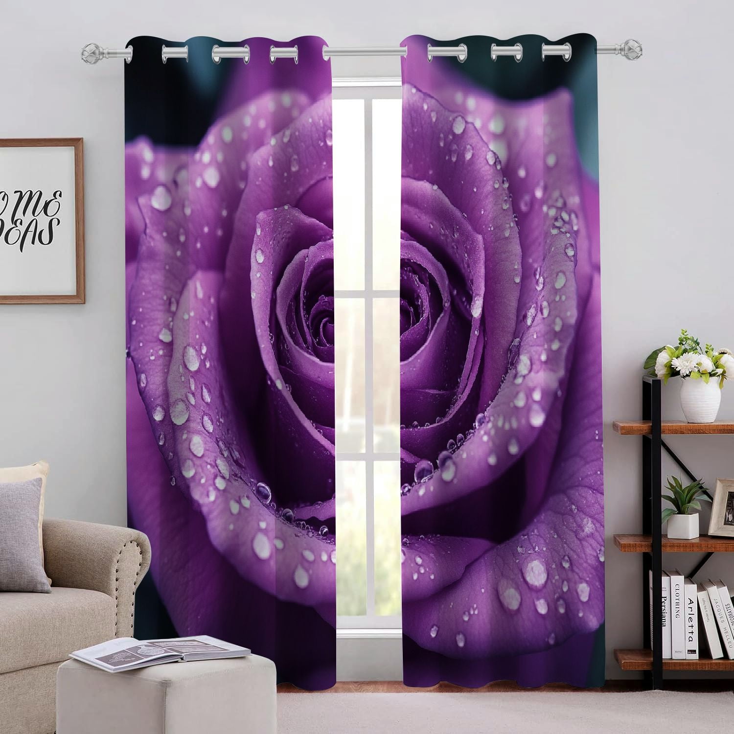 Aristuring Rose Flowers Water Droplets Perforated Blackout Curtains 2 ...